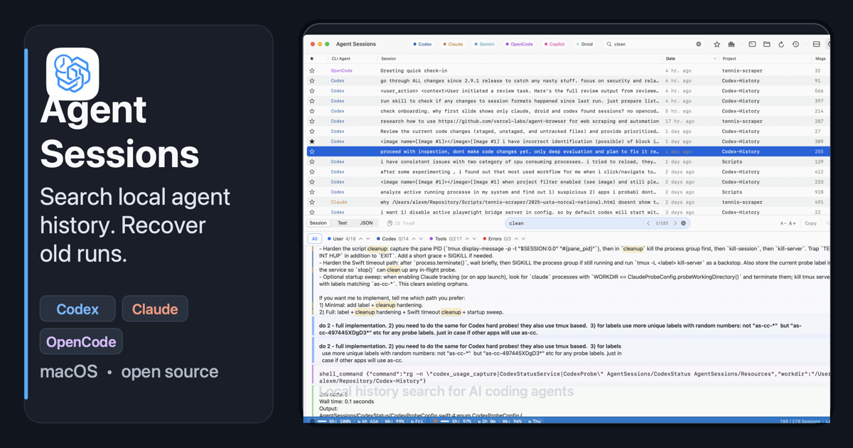 Agent Sessions — Session Hub for Codex CLI/Desktop/VS Code, Claude CLI ...